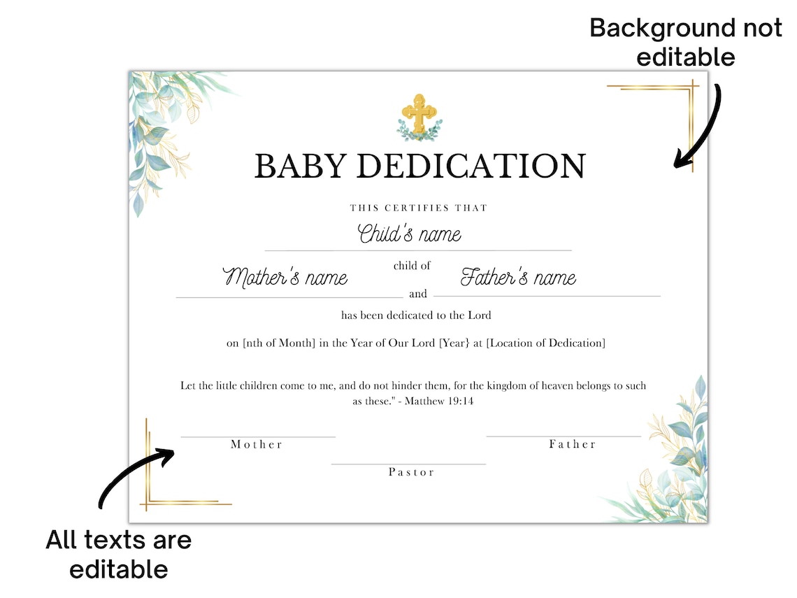 Editable Baby Dedication Certificate Template, Child Dedication ...