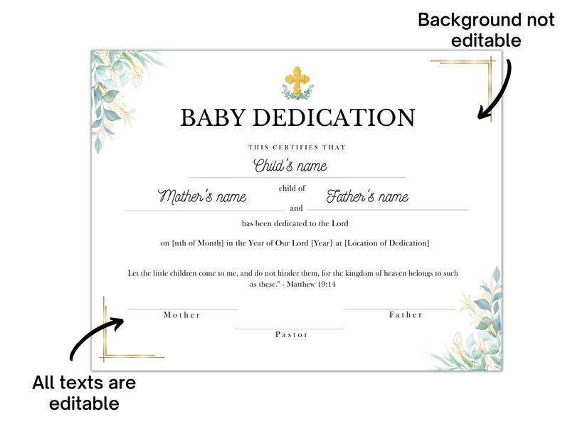 Editable Baby Dedication Certificate Template, Child Dedication ...