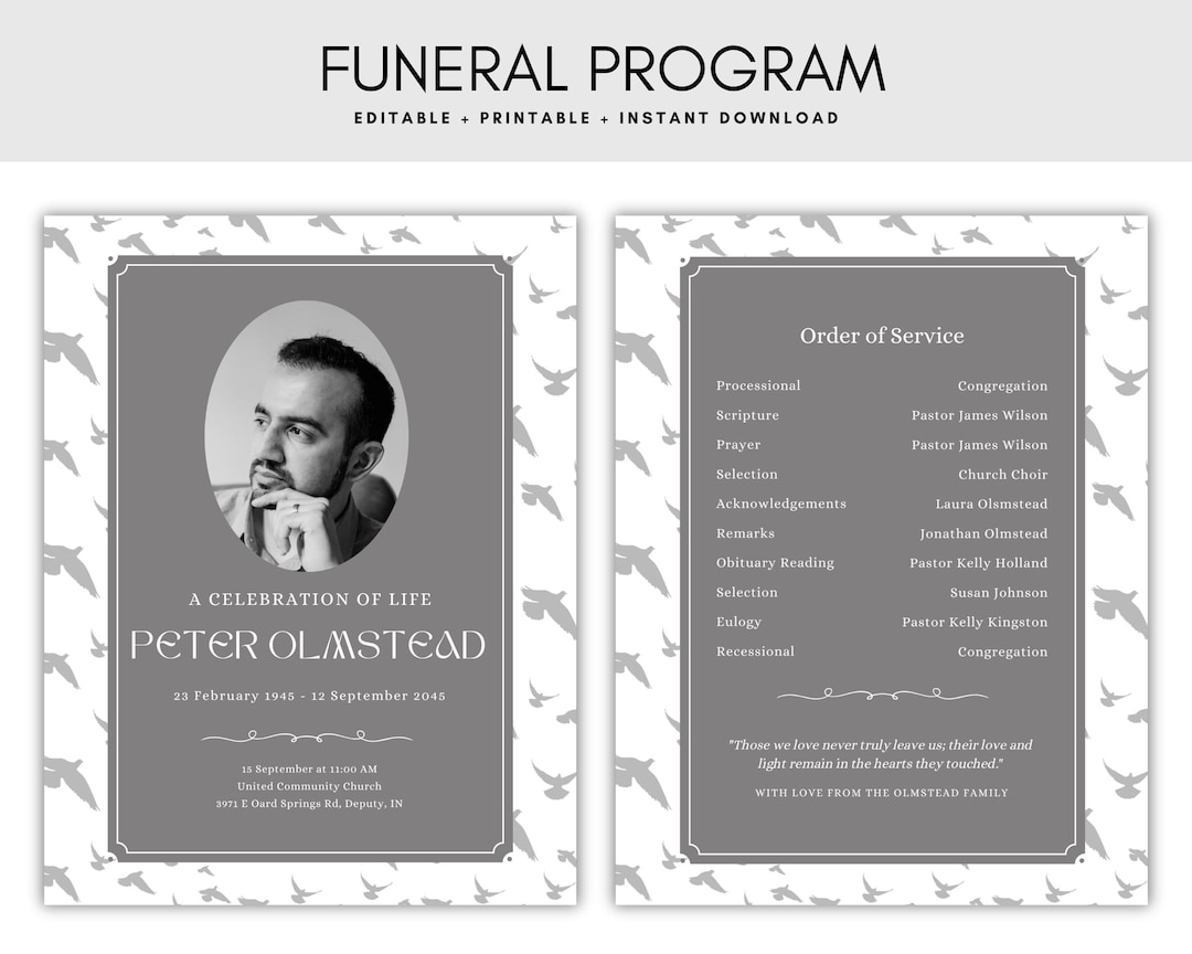 Funeral Program Template for A Man, Minimalist, Black and White Funeral ...