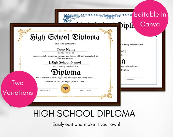 Personalized Diploma Template, Editable High School Diploma, Graduation ...