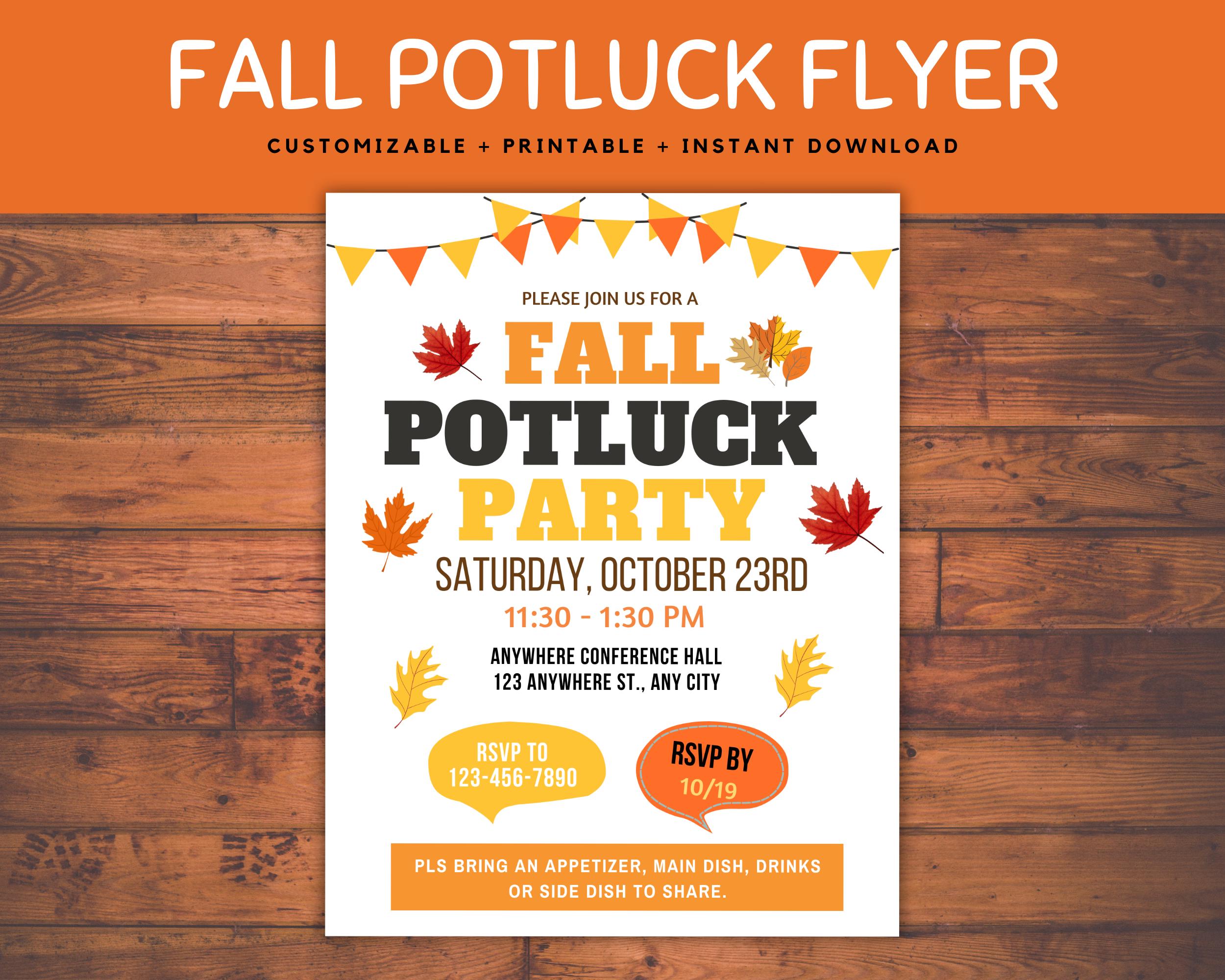 Editable Fall Potluck Flyer Template, Autumn Luncheon Invite Printable ...
