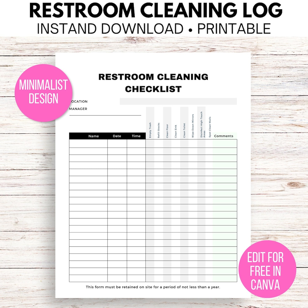 Editable Restroom Checklist | Bathroom Cleaning Log PDF | Toilet ...