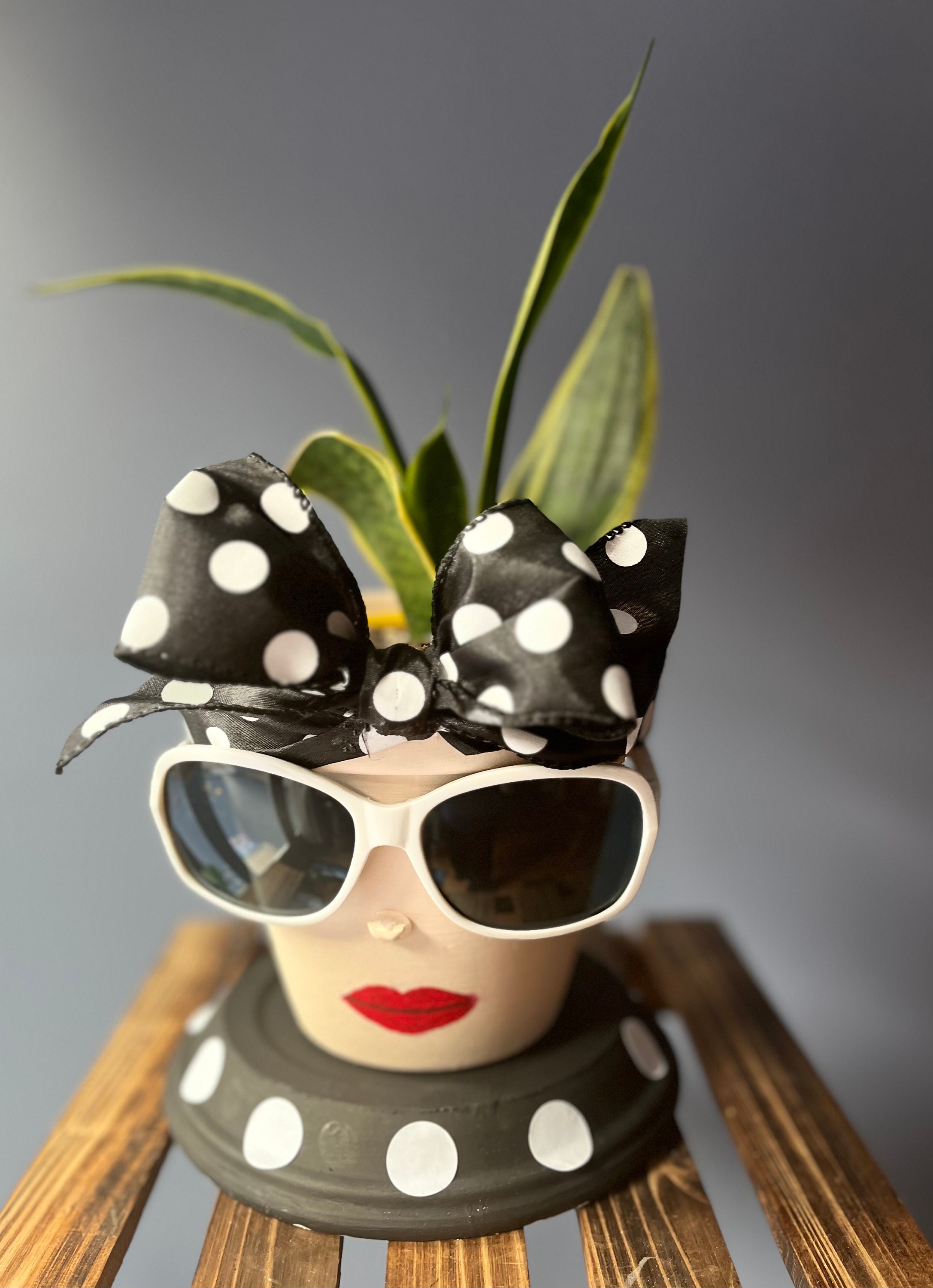 Hand-painted Terracotta Face Planter: Lady With Sunglasses & Bow - Etsy