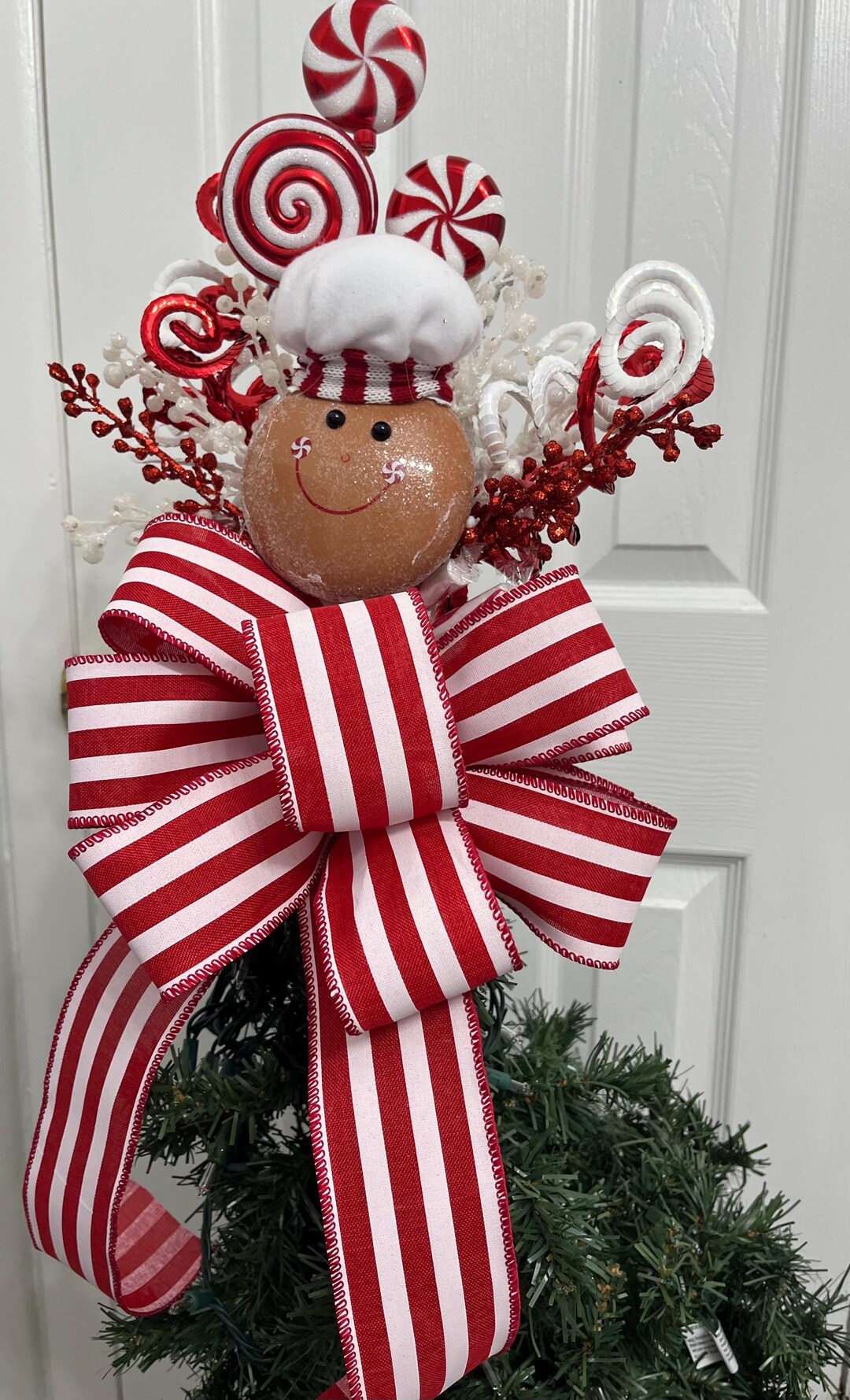 Gingerbread Chef Tree Topper, Red and White Striped Ribbon - Etsy