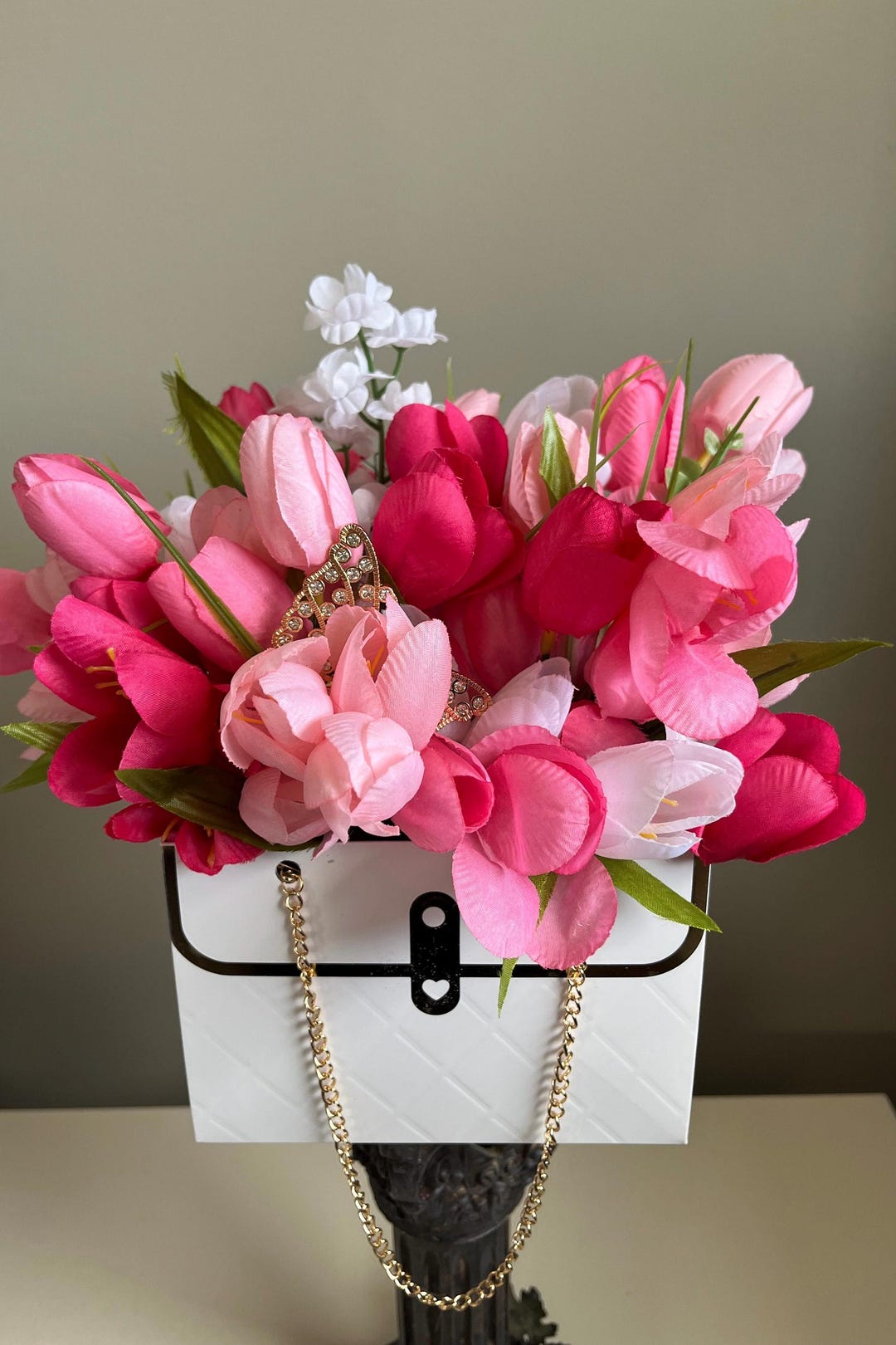 Elegant Mother’s Day Floral Purse Arrangement,pink Tulips & Gold ...