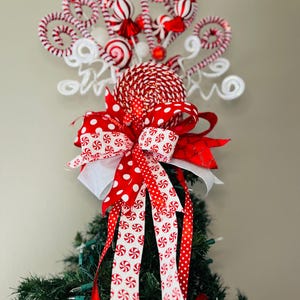 Red and White Tree Topper, Peppermint Themed Ribbon, Polka Dot Ribbon ...