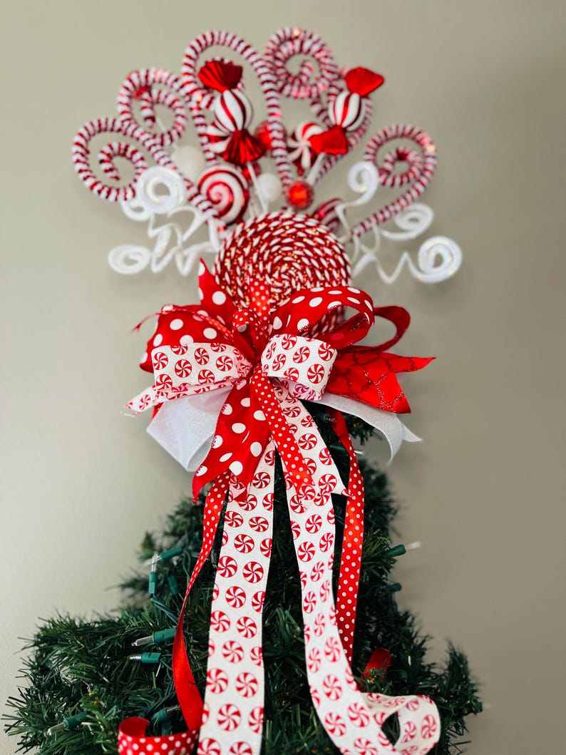 Red and White Tree Topper, Peppermint Themed Ribbon, Polka Dot Ribbon ...