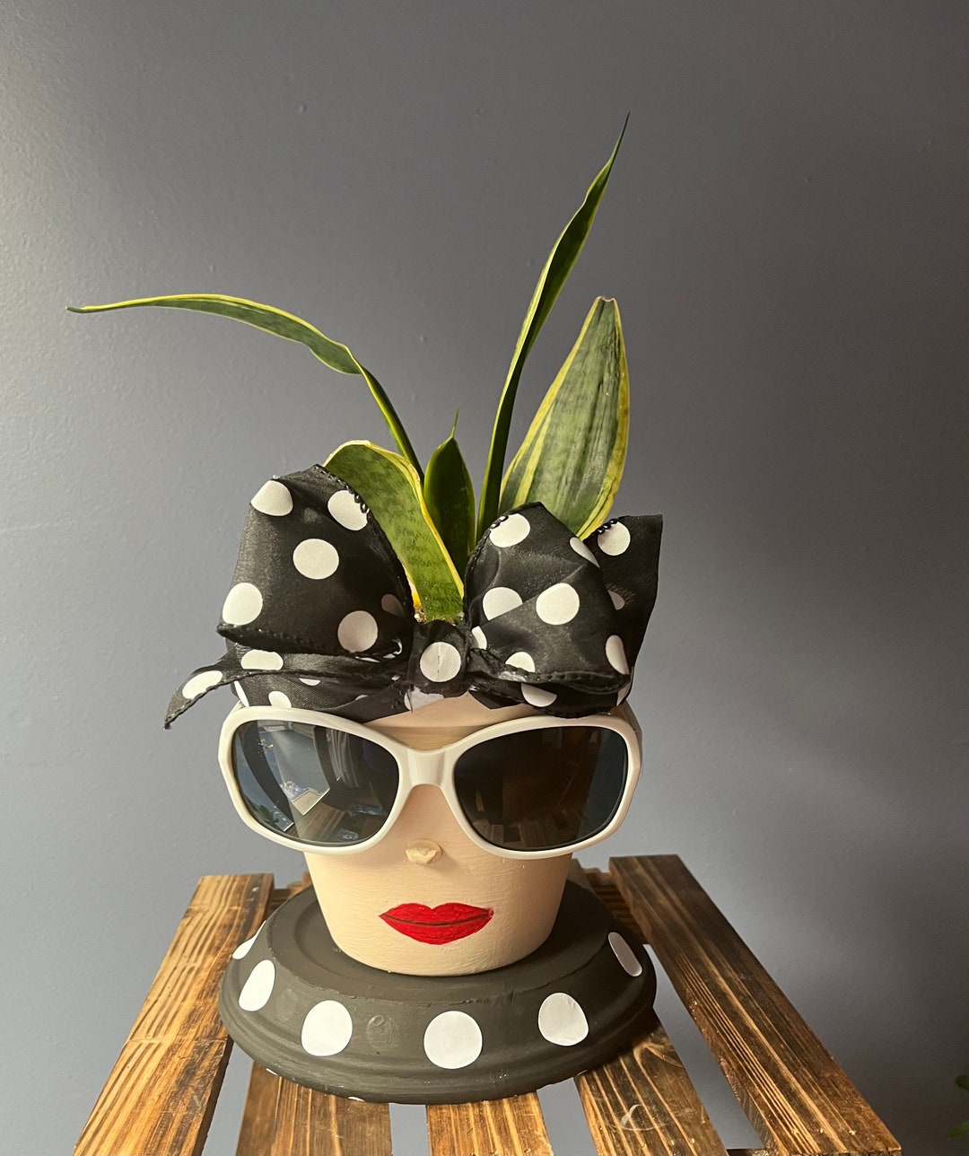 Hand-painted Terracotta Face Planter: Lady With Sunglasses & Bow - Etsy