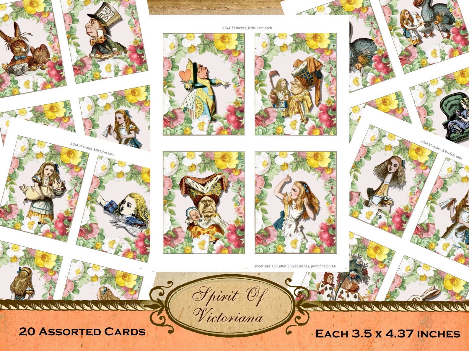 Alice in Wonderland Floral Cards, Victorian Tenniel Alice Cards, Alice ...