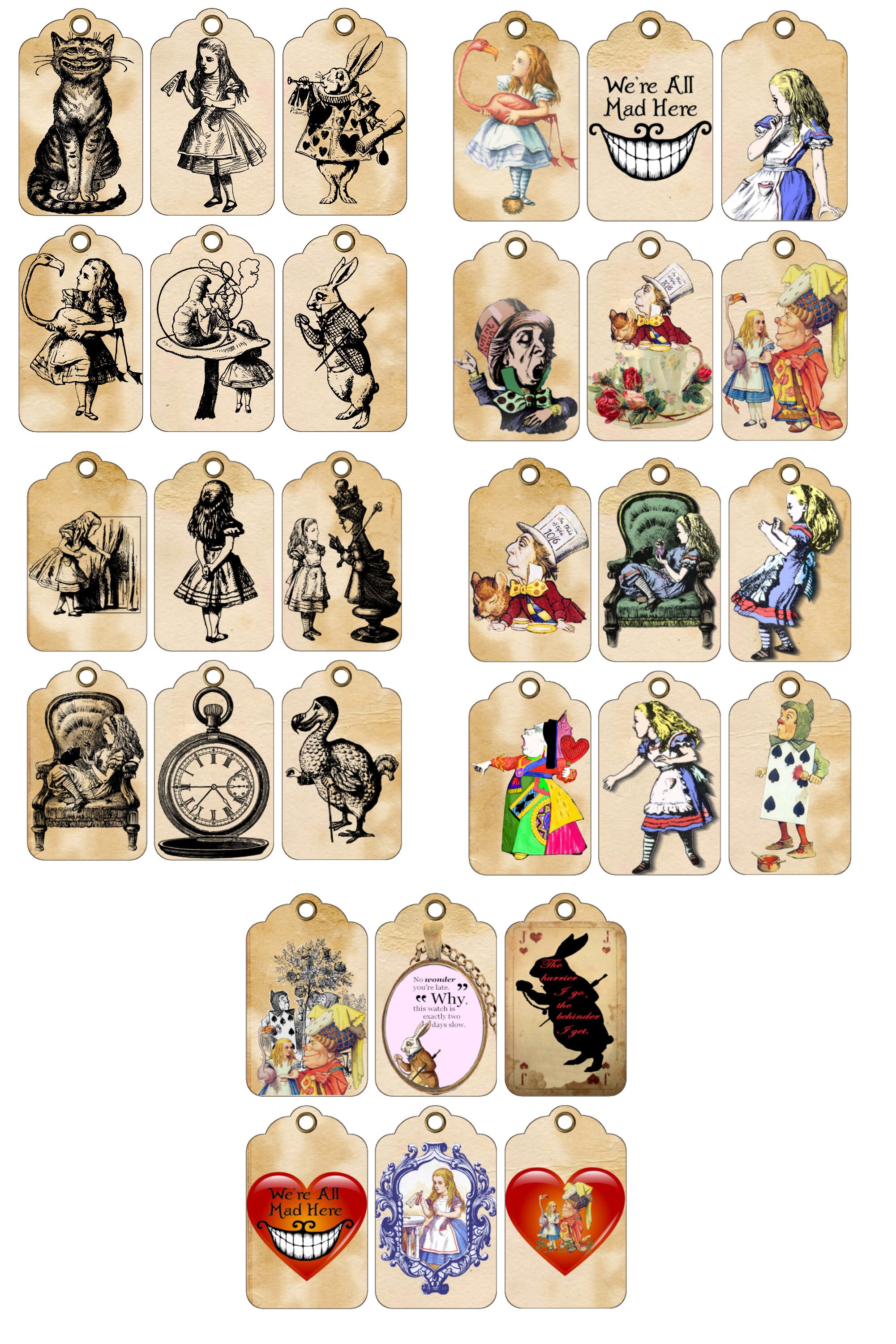 Alice in Wonderland Vintage Tags, Labels, Victorian Tenniel Alice Tags ...