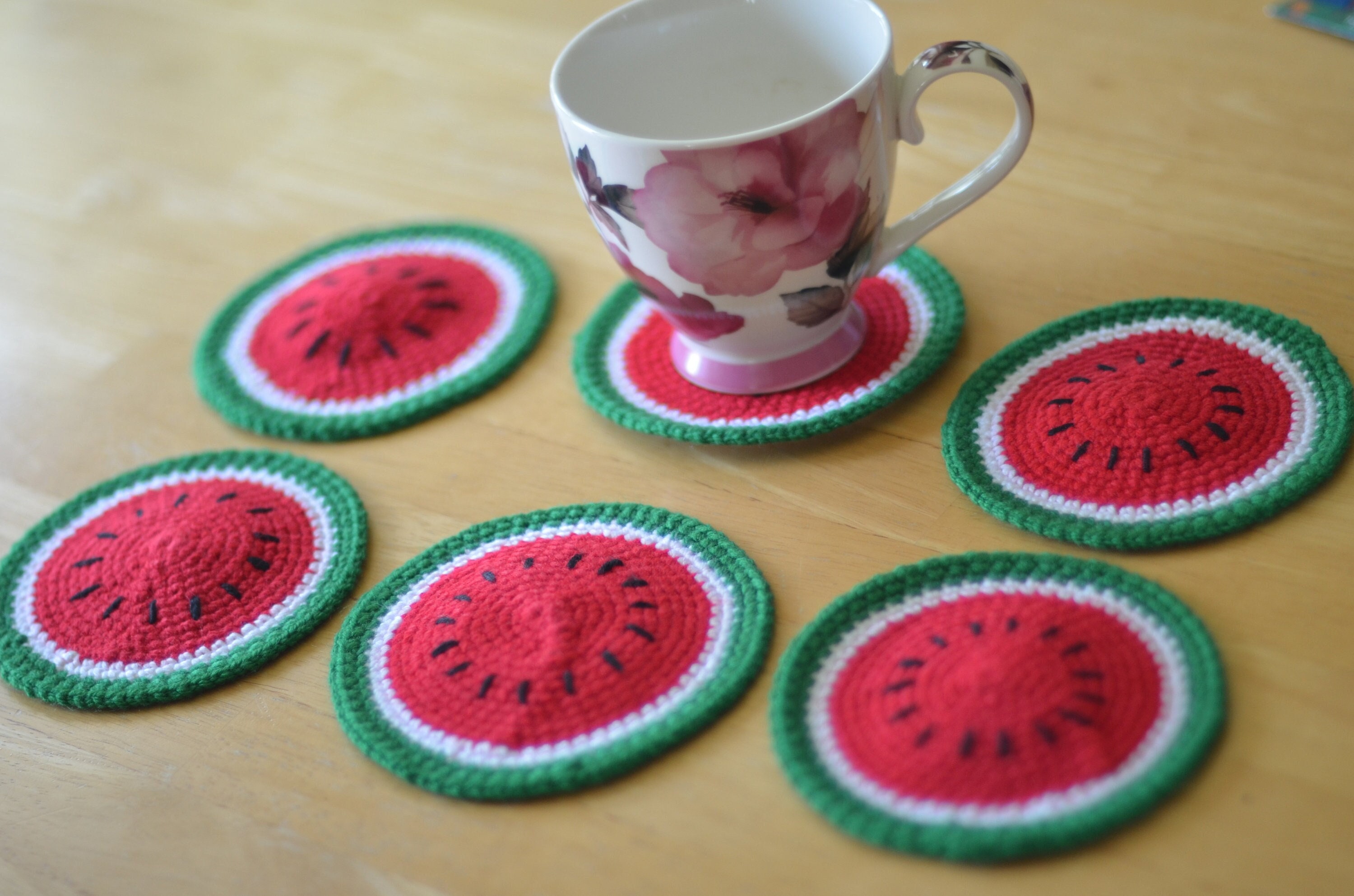 Crochet Watermelon Coaster Set of 6/ Mug Rug/ Summer Home Decor/ Unique ...