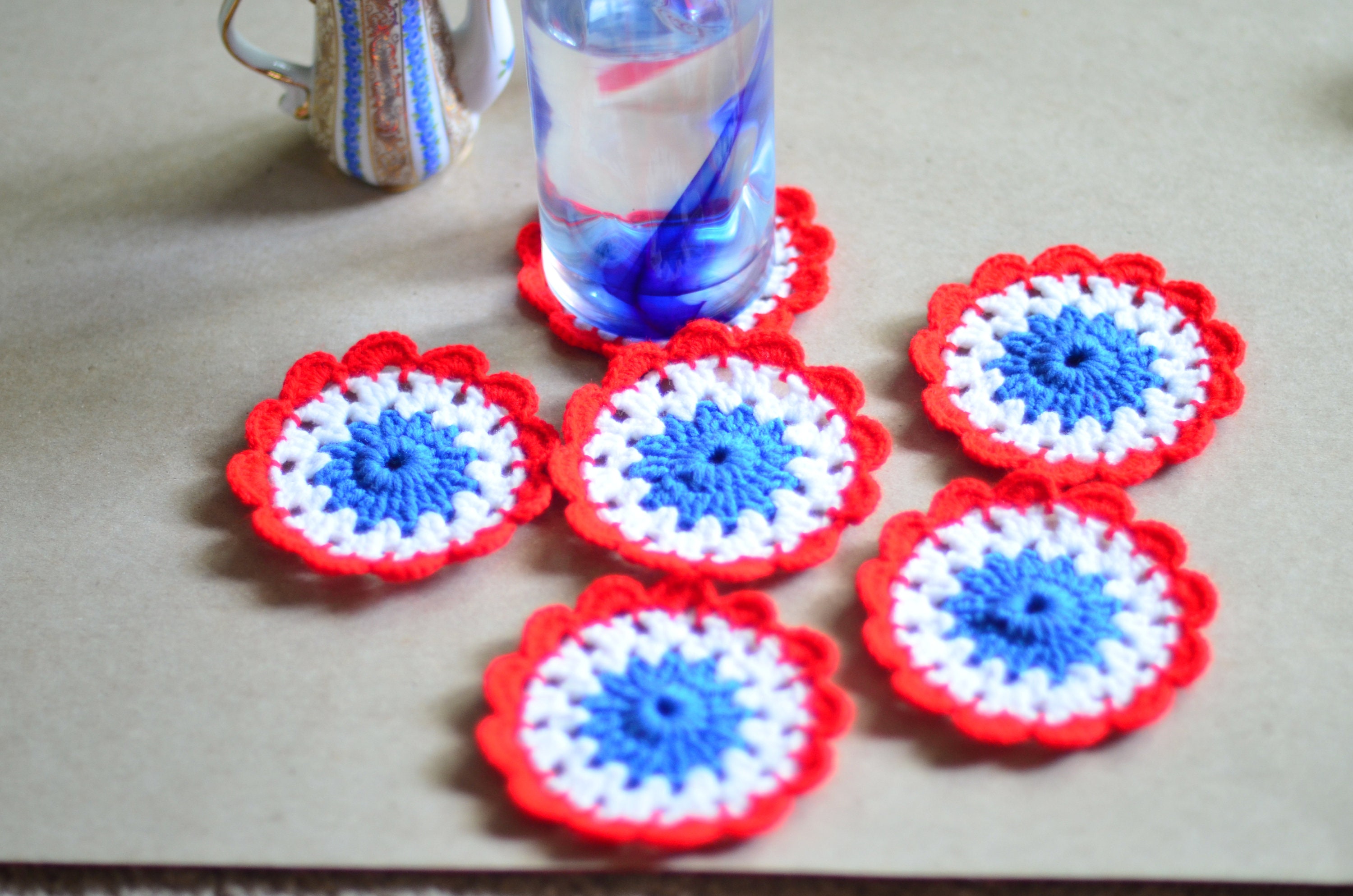 Crochet Coaster Set of 6/ Kitchen Table Decoration for 4th of - Etsy