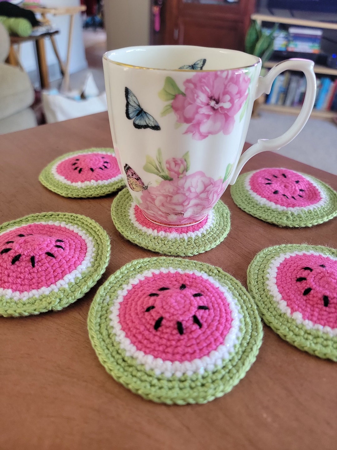 Crochet Watermelon Coaster Set of 6/ Mug Rug/ Summer Home Decor/ Unique ...