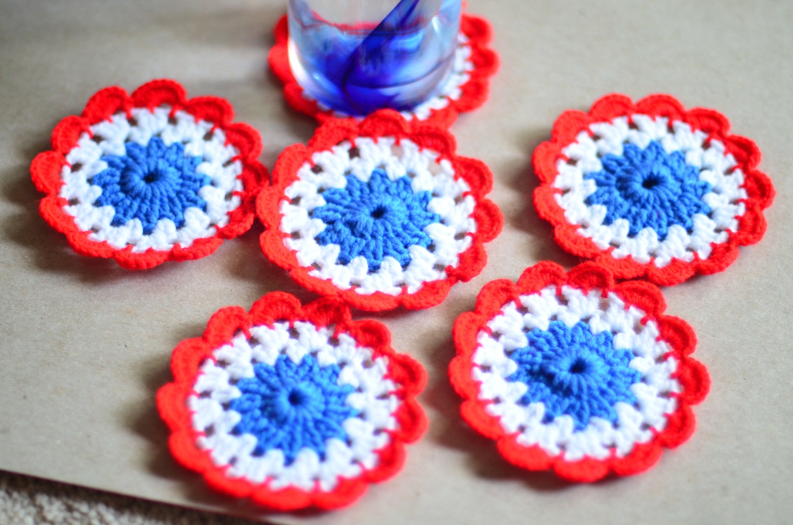 Crochet Coaster Set of 6/ Kitchen Table Decoration for 4th of - Etsy