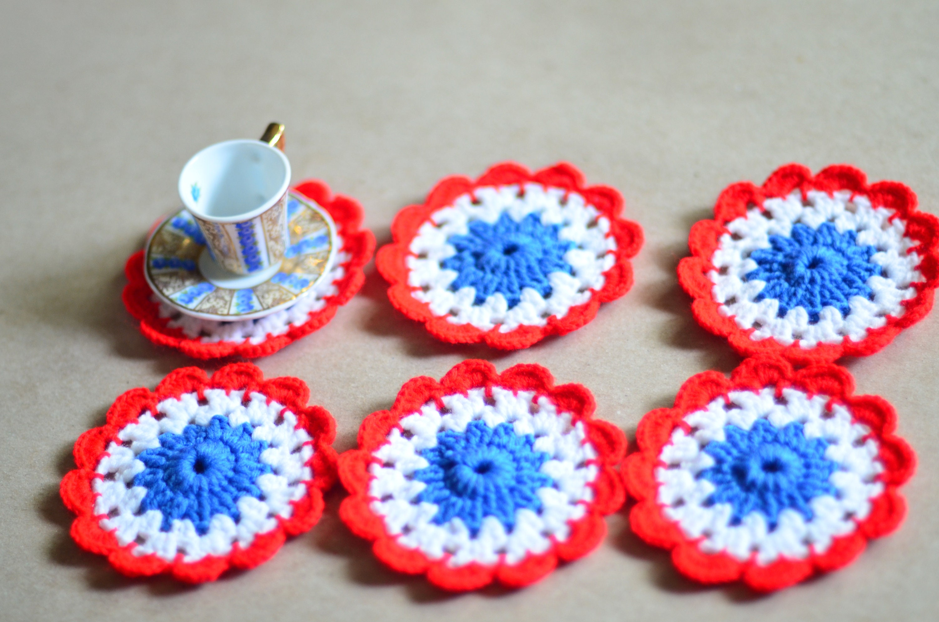 Crochet Coaster Set of 6/ Kitchen Table Decoration for 4th of - Etsy