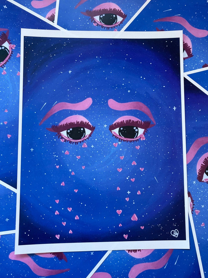 Sad Eyes Crying Hearts in Space Art Print - Etsy