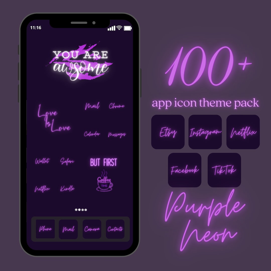 Purple Neon App Icons, Neon Aesthetic Ios 14 Icons, iPhone Icon Pack ...