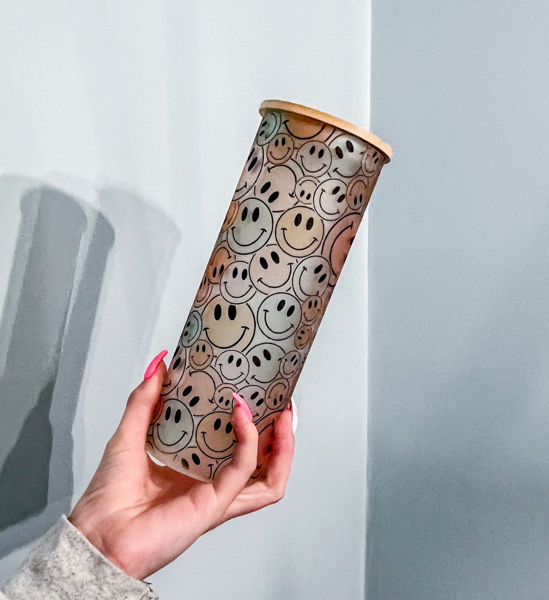 Happy Face Tumbler-aesthetic Tumbler-glass Tumbler-iced Coffee - Etsy