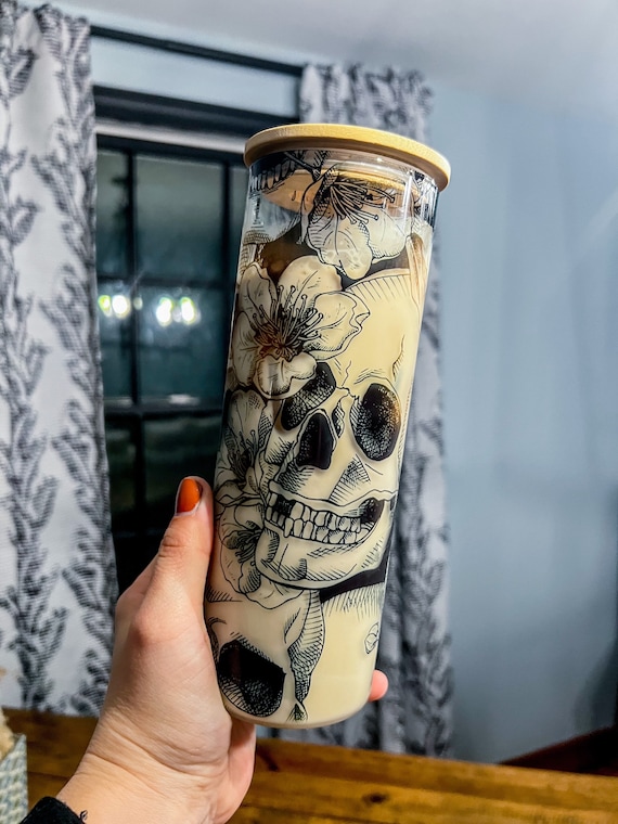 Tete de mort florale Tumbler Skull Tumbler Glass Tumbler Iced Coffee Glass Tumbler Glass Tumbler With Lid Etsy France