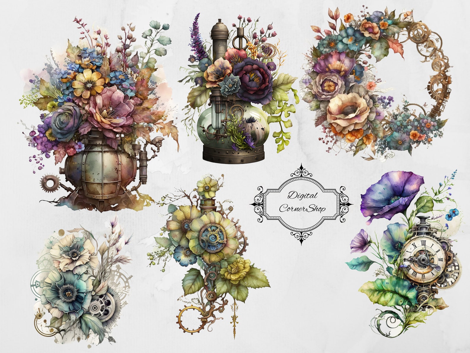 30 Steampunk Watercolor Floral Arrangements. HR Clipart With ...