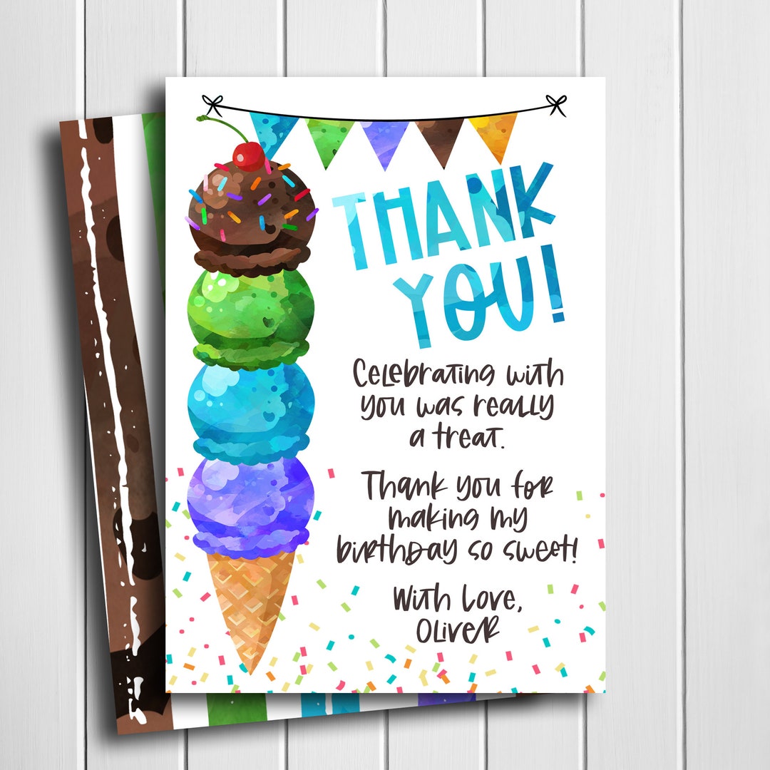 Ice Cream Birthday Thank You Card, Ice Cream Thank You Card, Boy Ice ...