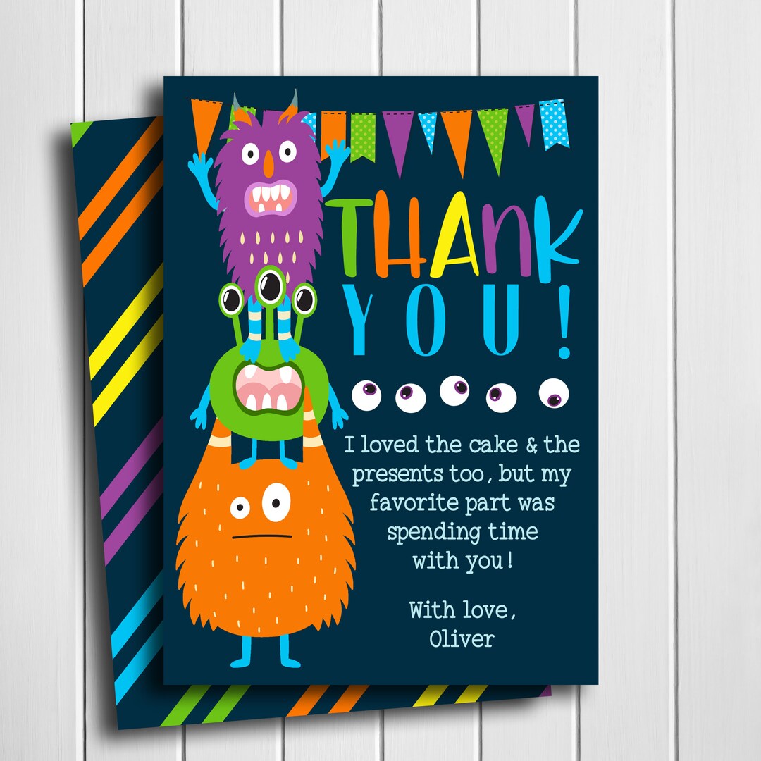 Monster Birthday Thank You Card, Monster Thank You Card Digital ...