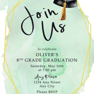 Graduation Party Invitation for Her, 8th Grade Grad Invitation for Him ...