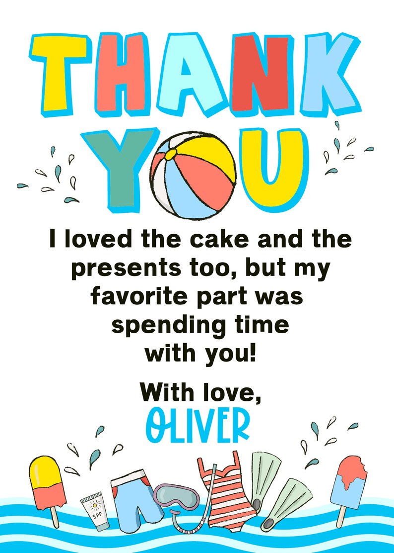 Pool Party Thank You Card, Pool Party Birthday Thank You Card, Birthday ...