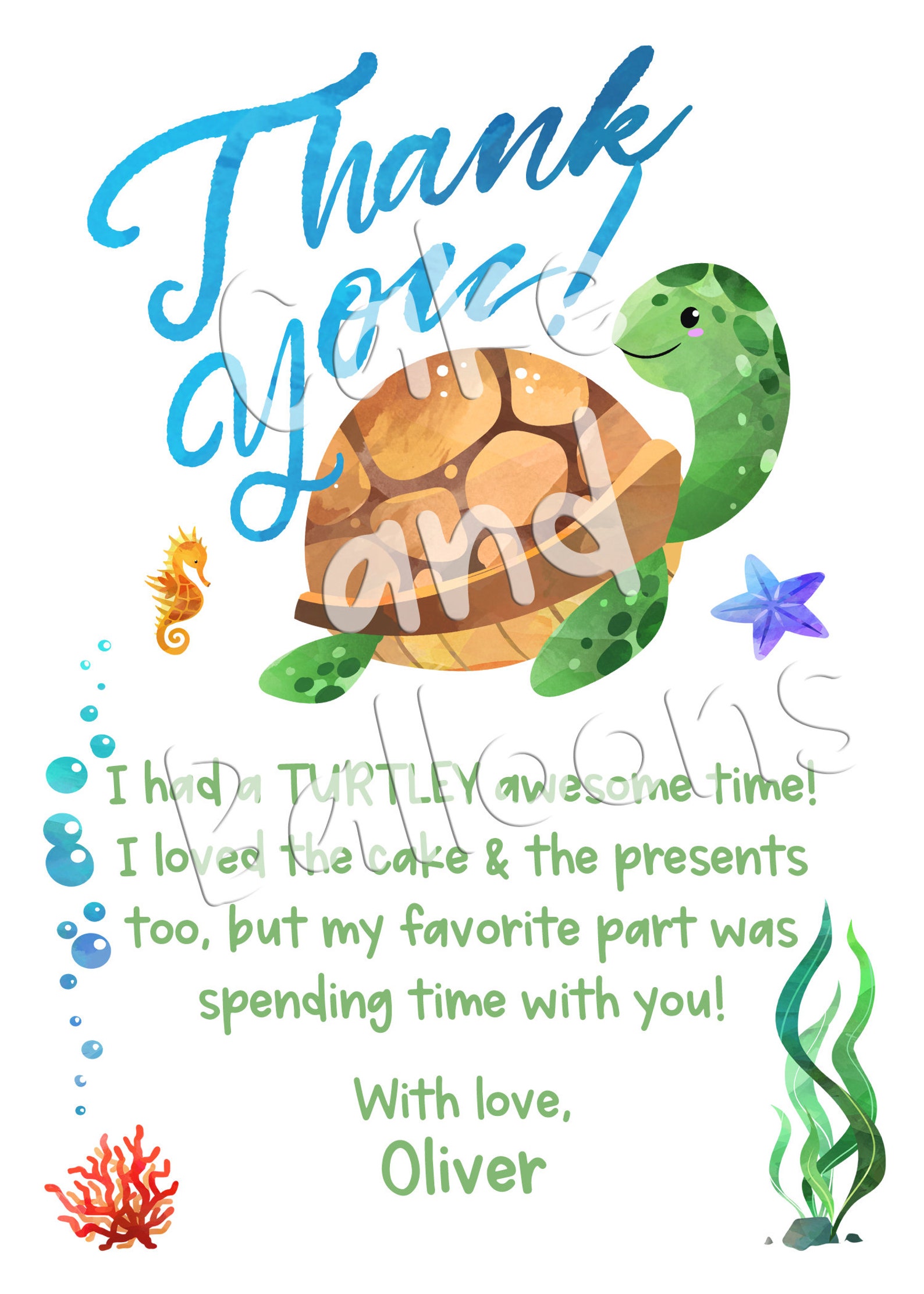 Turtle Birthday Thank You Card Turtle Thank You Card Turtle - Etsy