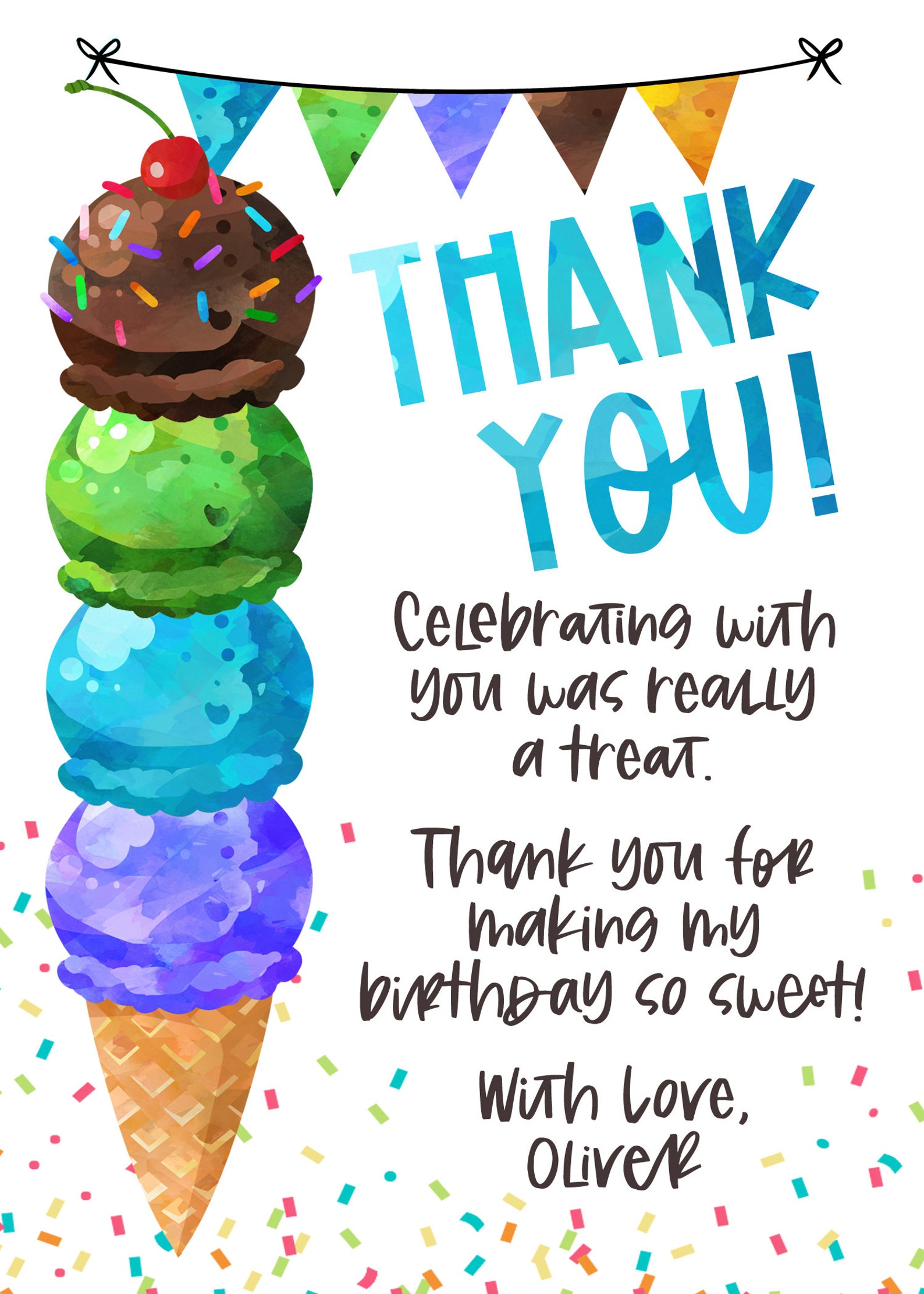 Ice Cream Birthday Thank You Card, Ice Cream Thank You Card, Boy Ice ...