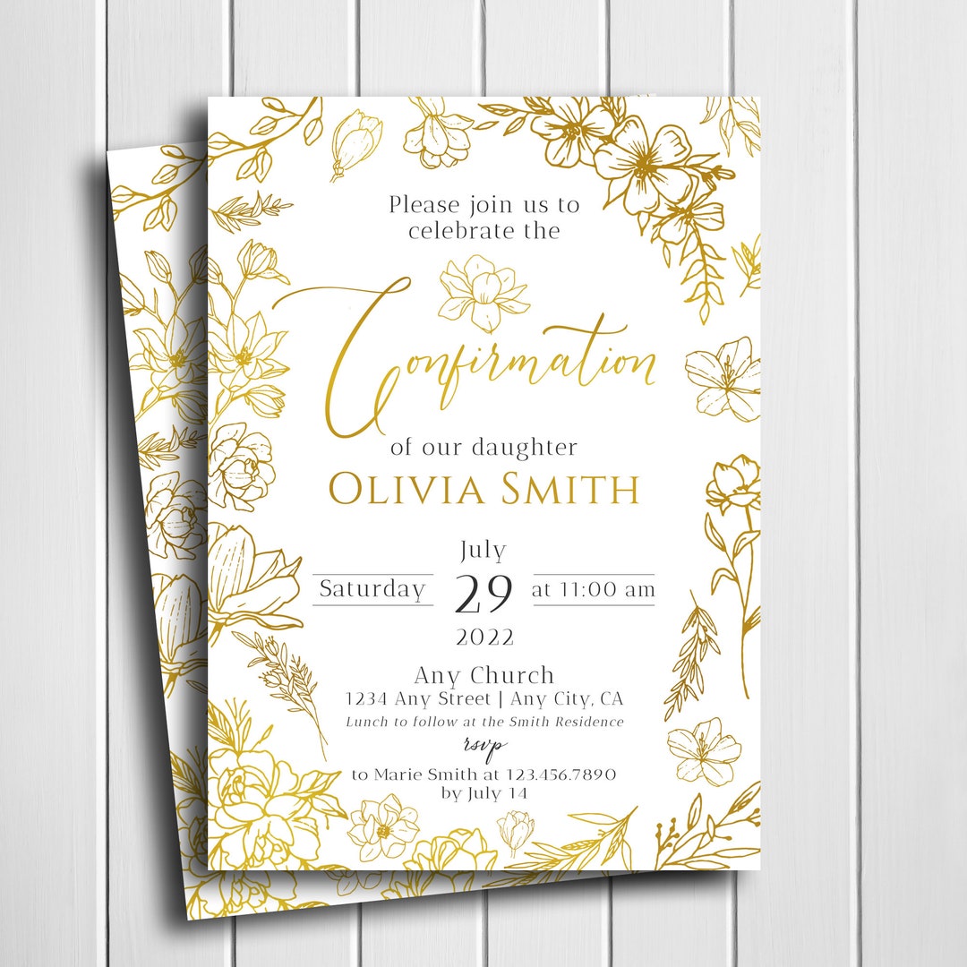 Confirmation Invitation, Confirmation Ceremony Invitation, Gold Floral ...