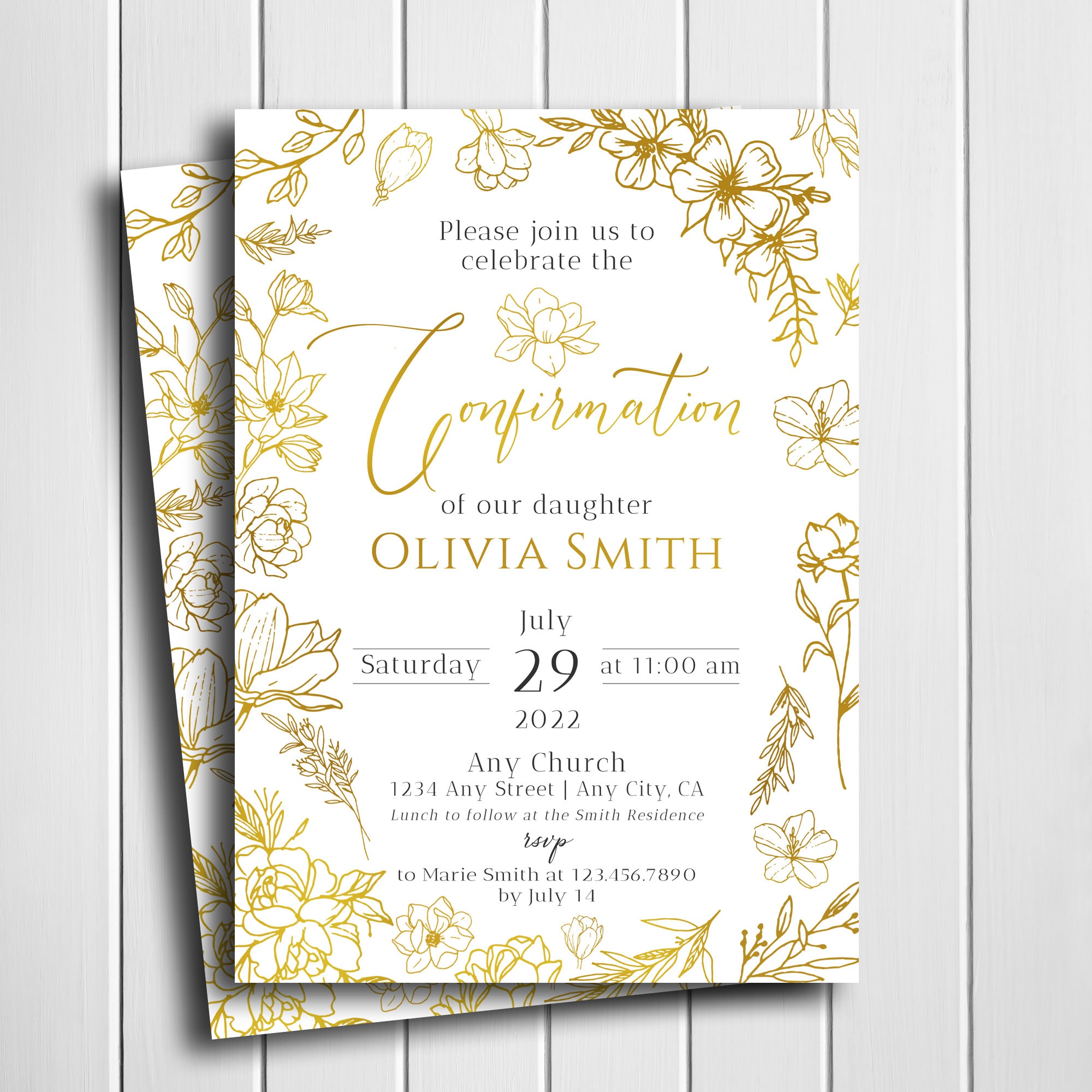 Confirmation Invitation, Confirmation Ceremony Invitation, Gold Floral ...