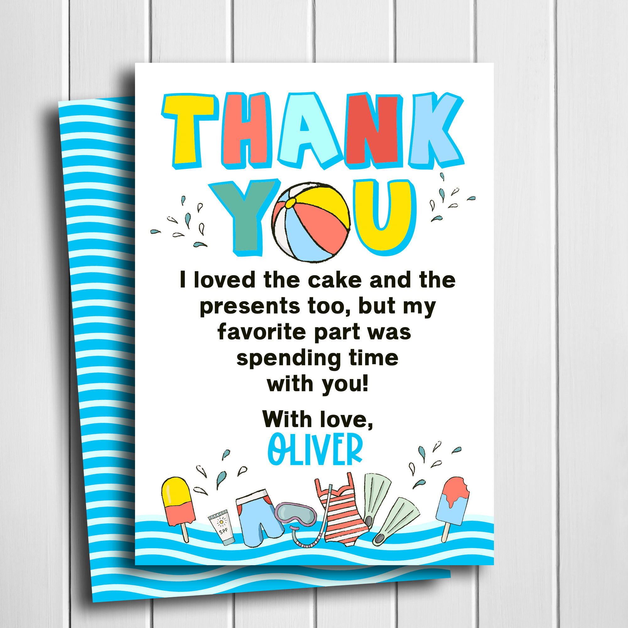 Pool Party Thank You Card, Pool Party Birthday Thank You Card, Birthday ...