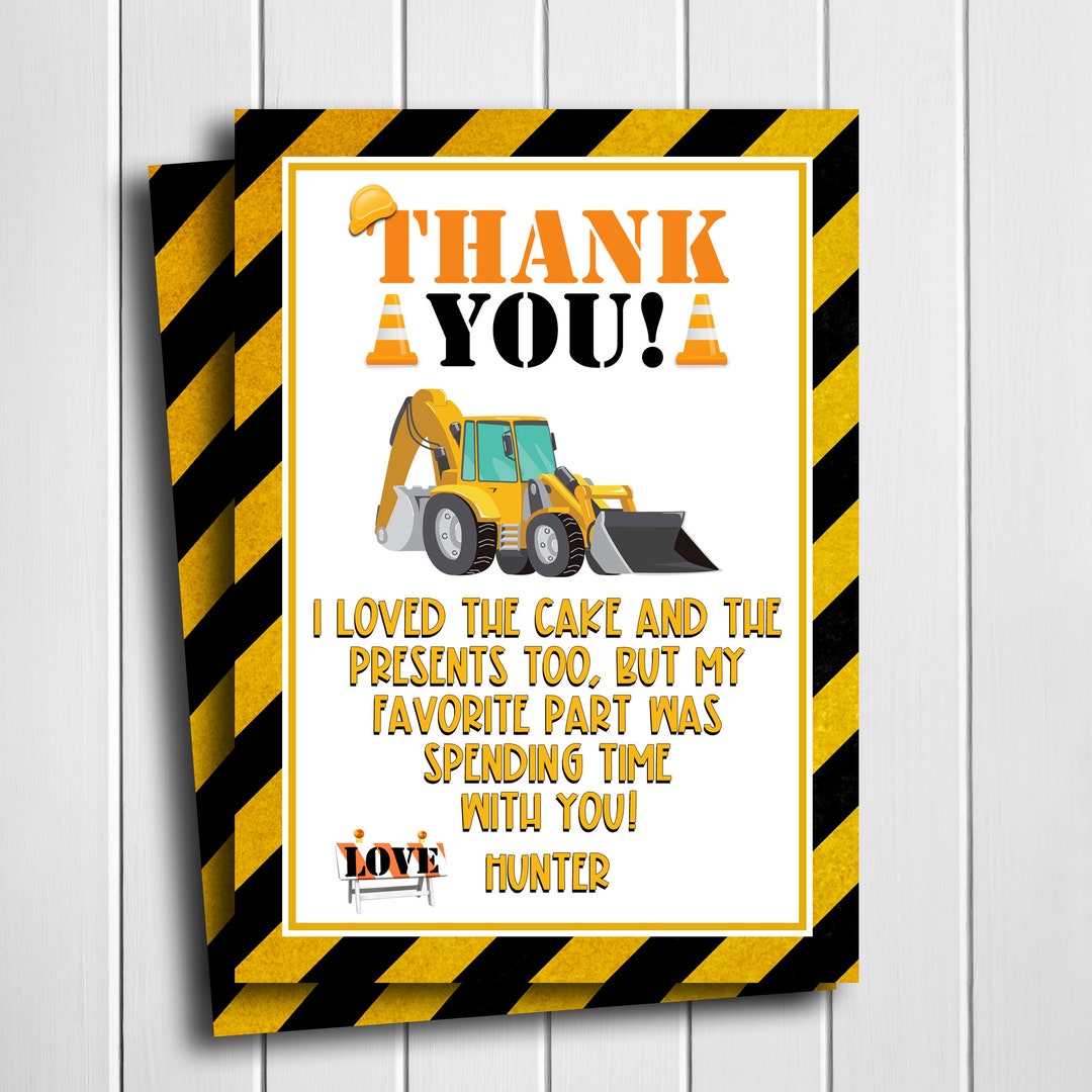 Construction Birthday Thank You Card, Digger Thank You Card, Backhoe ...
