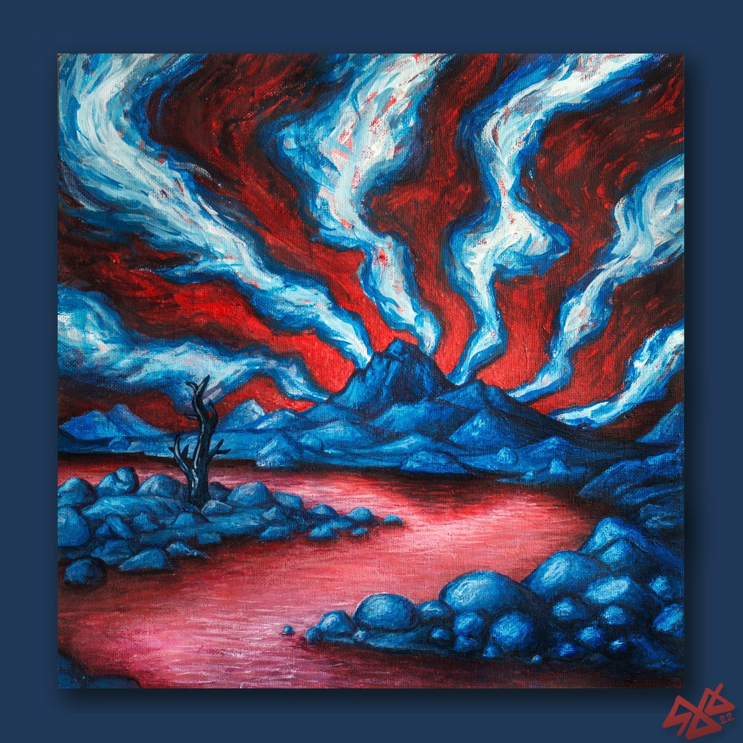 Sunset Apocalypse is a 12 X 12 Inch Blue and Red Acrylic Landscape ...