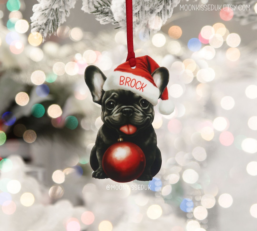 Personalised Black French Bulldog Ornament, Black Frenchie Santa Hat ...