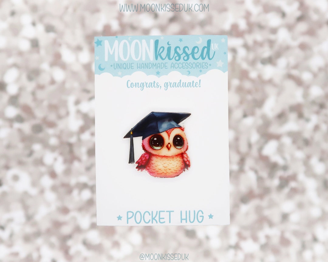 Pink Owl Pocket Hug, Owl Wearing Graduation Cap Pocket Charm, Acrylic ...