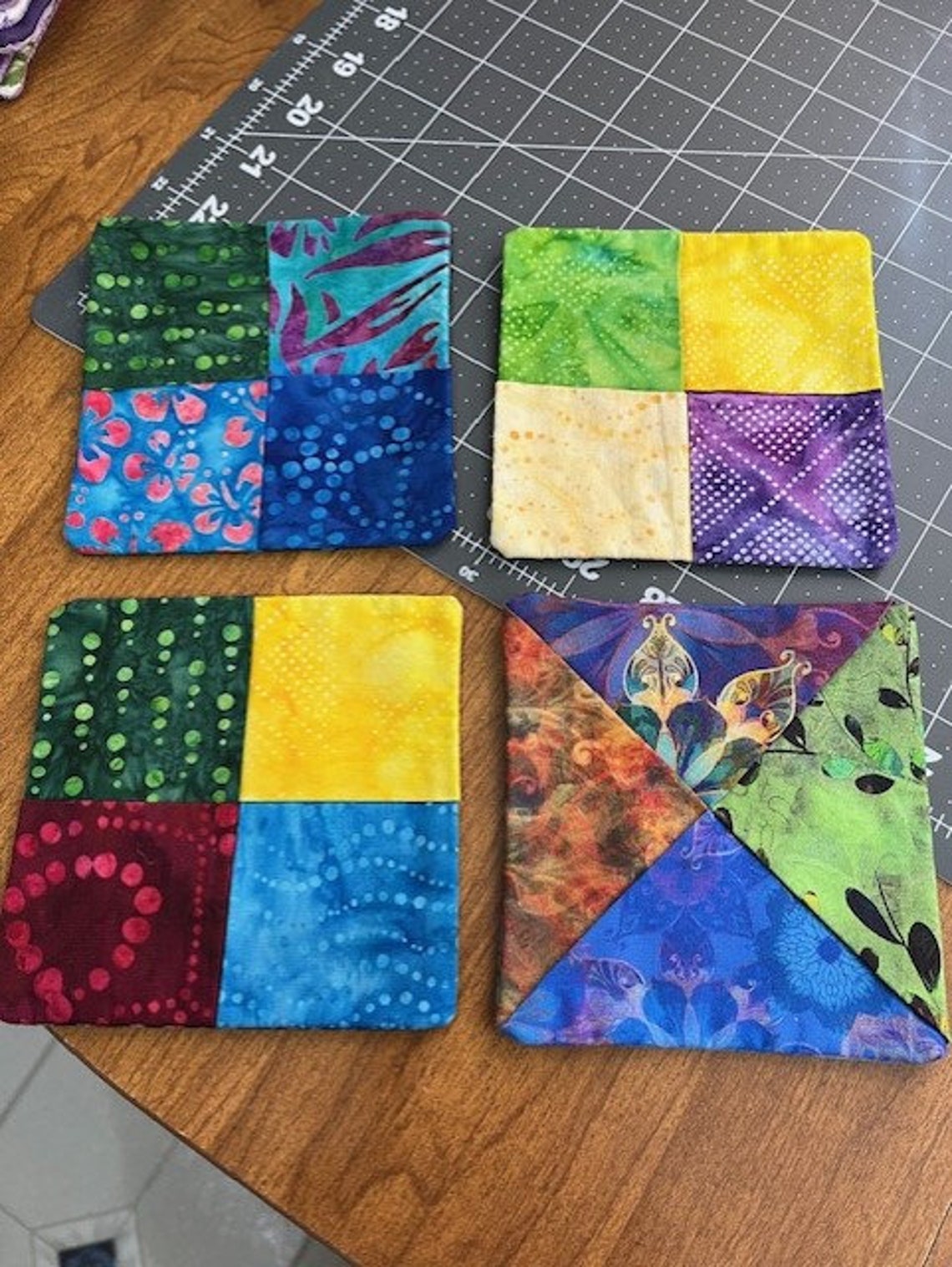 SET OF FOUR Coasters, Fabric, Glass, Patchwork, Machine Washable ...