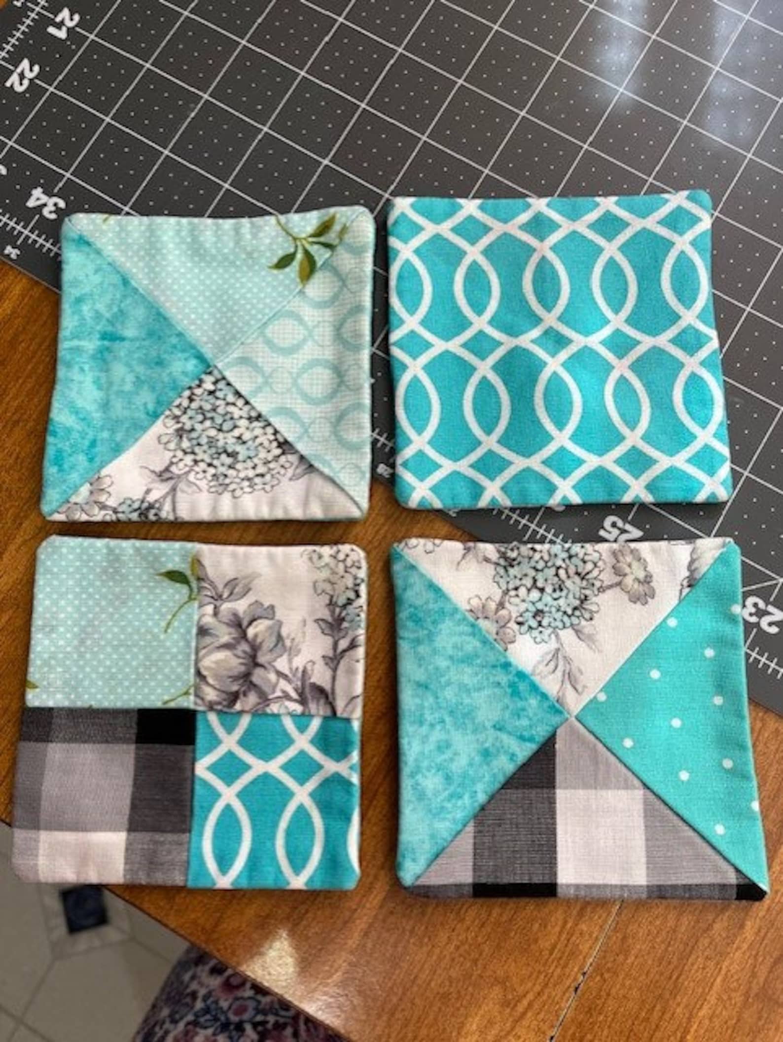 SET OF FOUR Coasters, Fabric, Glass, Patchwork, Machine Washable ...