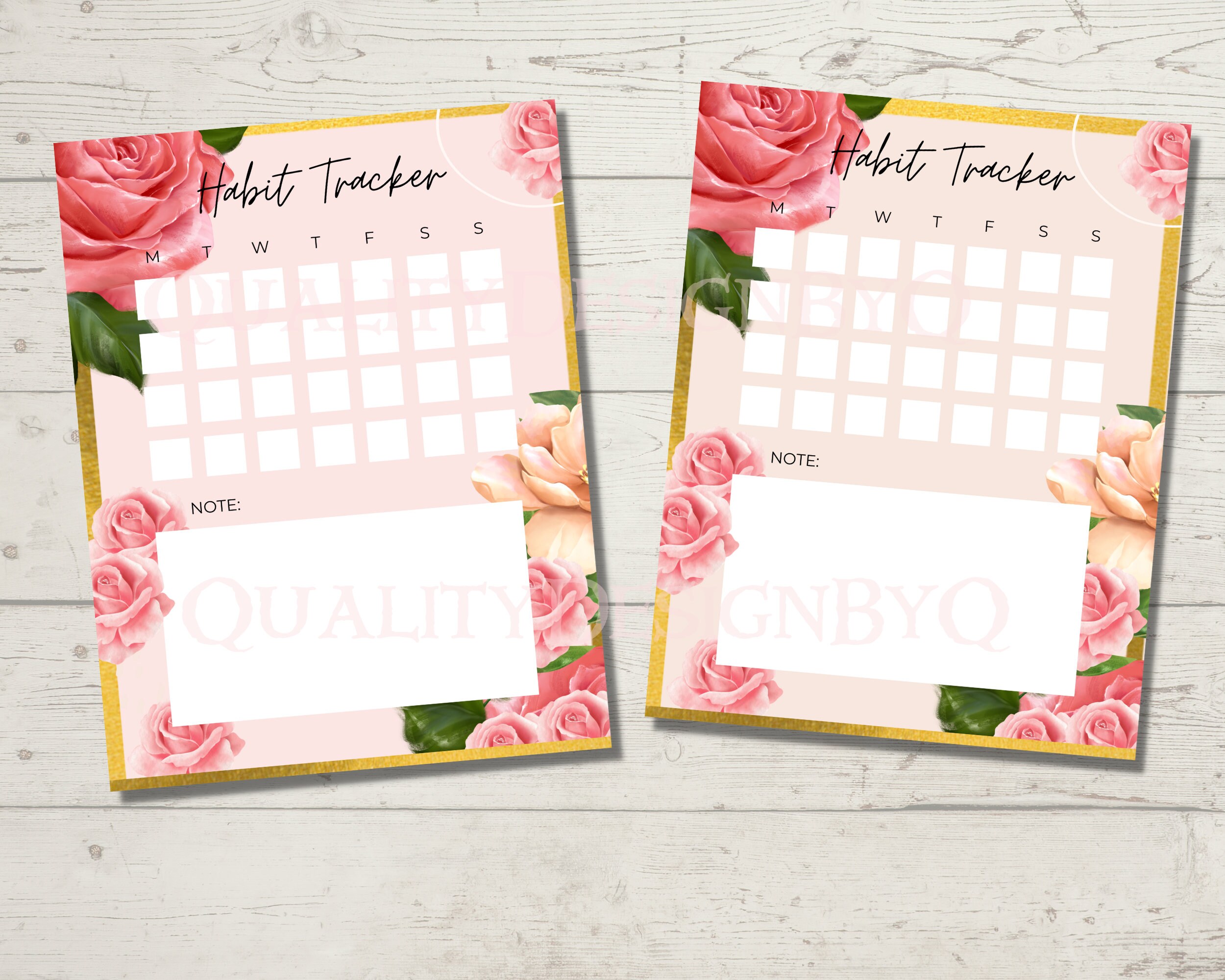 Habit Tracker Printable Planner Pages / Gold Border Floral - Etsy