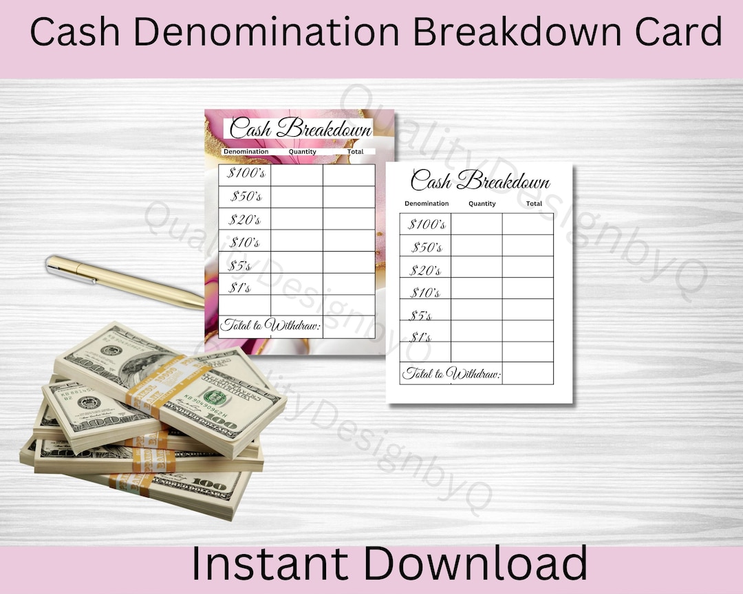 Cash Breakdown Card for A6 Budget System, Cash Teller Slip, Cash ...