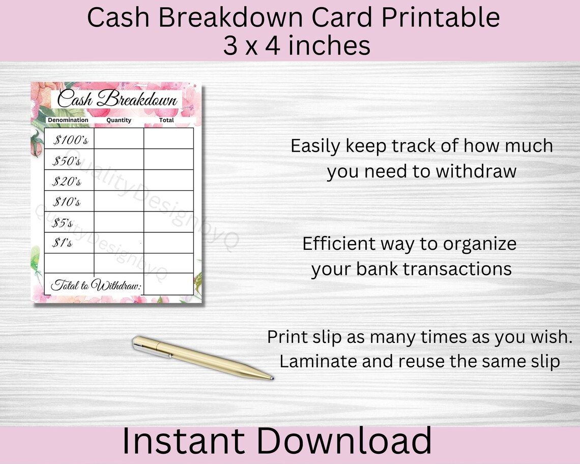 Cash Breakdown Printable, Cash Breakdown Card for A6 Budget System ...