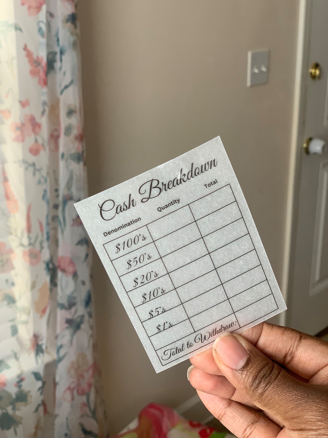 Reusable Laminated Cash Breakdown Teller Slip, Minimalist Cash ...