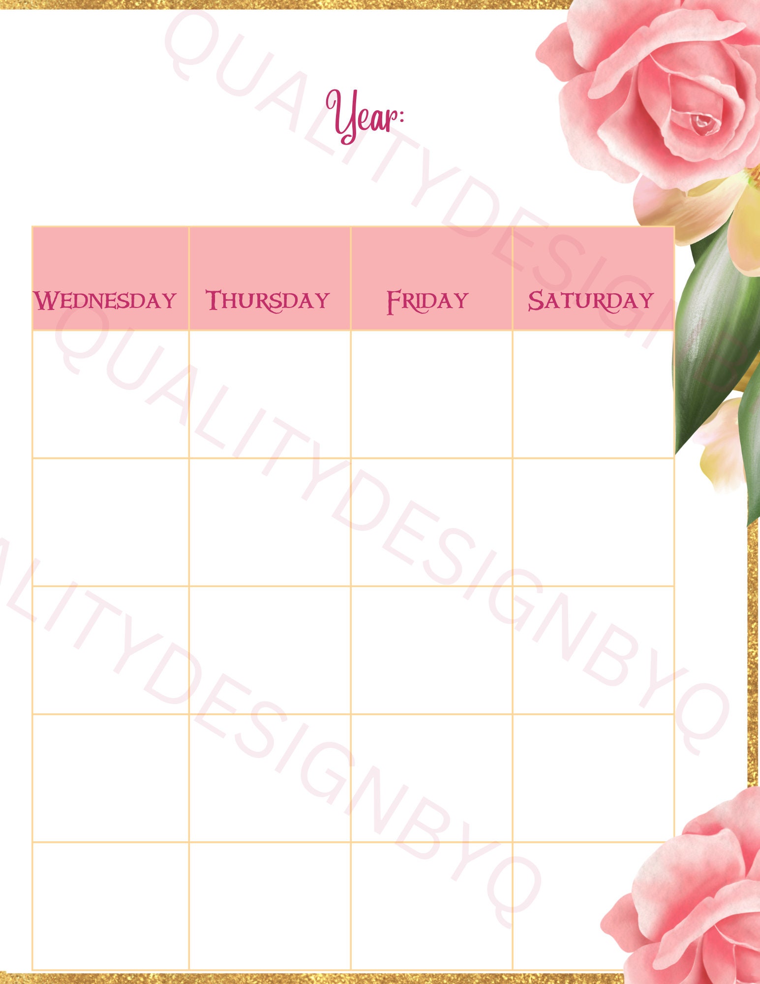 Undated Monthly Calendar Pretty Blush Pink White Gold Two Page ...