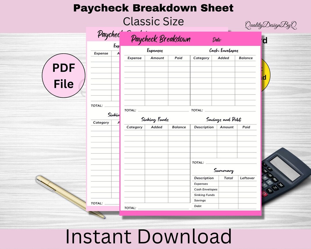 Paycheck Breakdown Sheet Pink Budget Printable Savings - Etsy