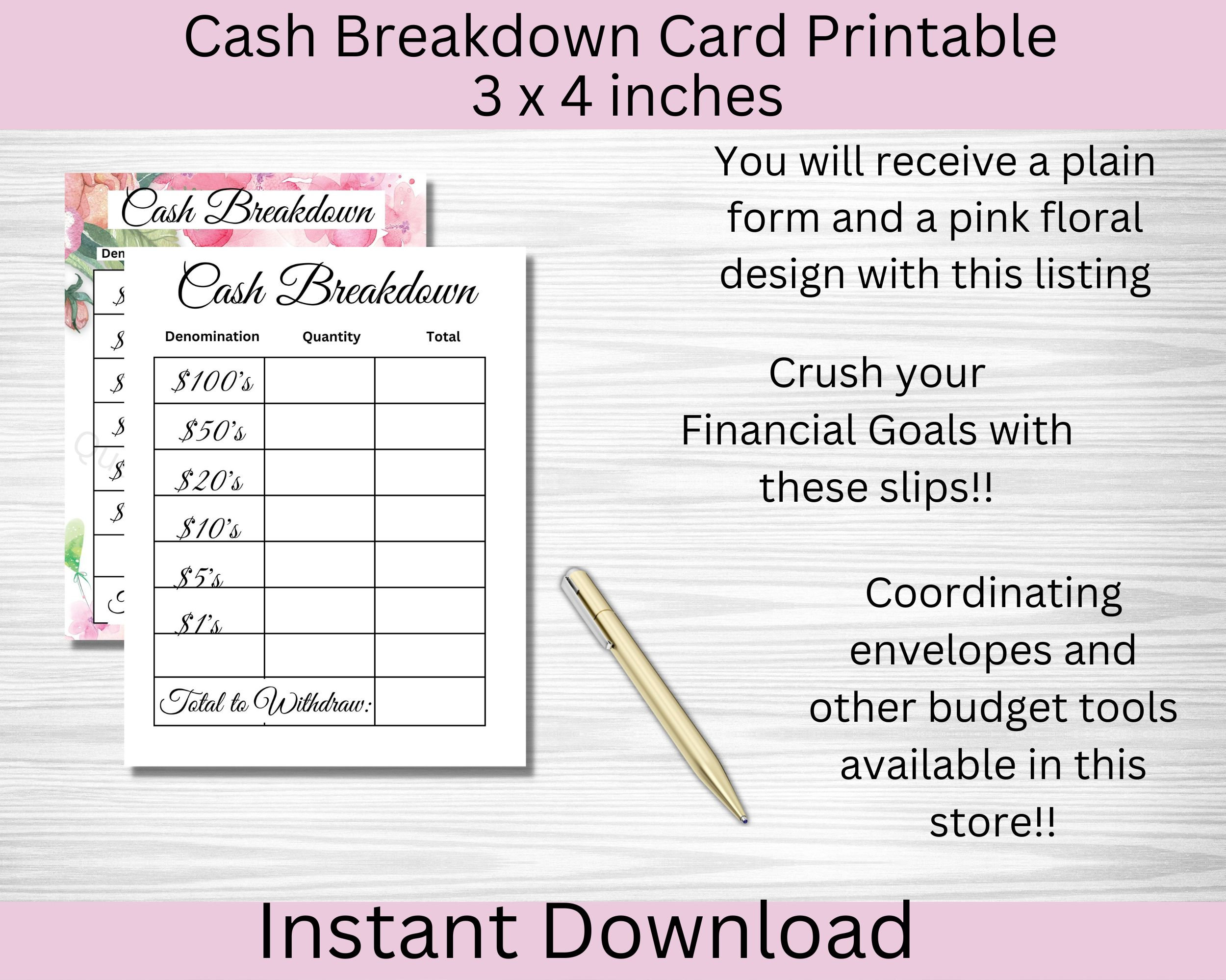 Cash Breakdown Printable, Cash Breakdown Card for A6 Budget System ...