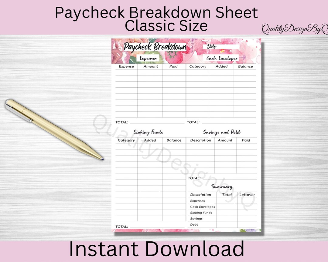 Paycheck Breakdown Sheet, Instant Download Budget Printable, Savings ...