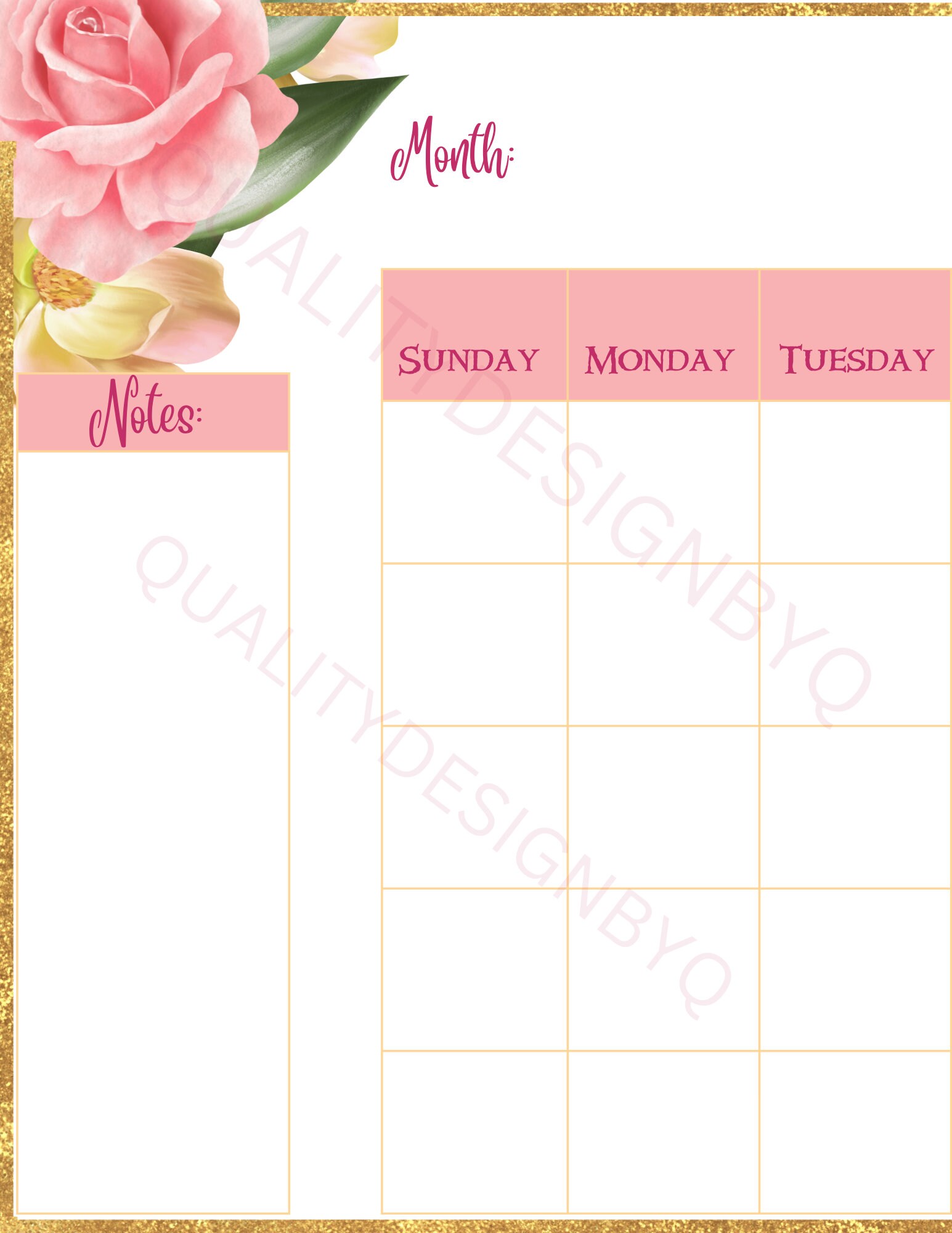 Undated Monthly Calendar Pretty Blush Pink White Gold Two Page ...