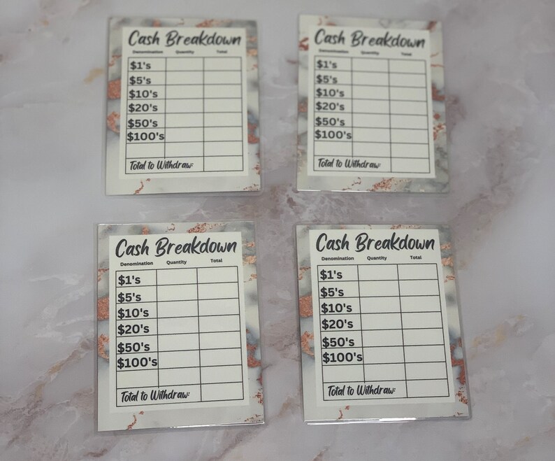 Cash Withdrawal Cards, Laminated Teller Slips, Marble Cash Breakdown ...