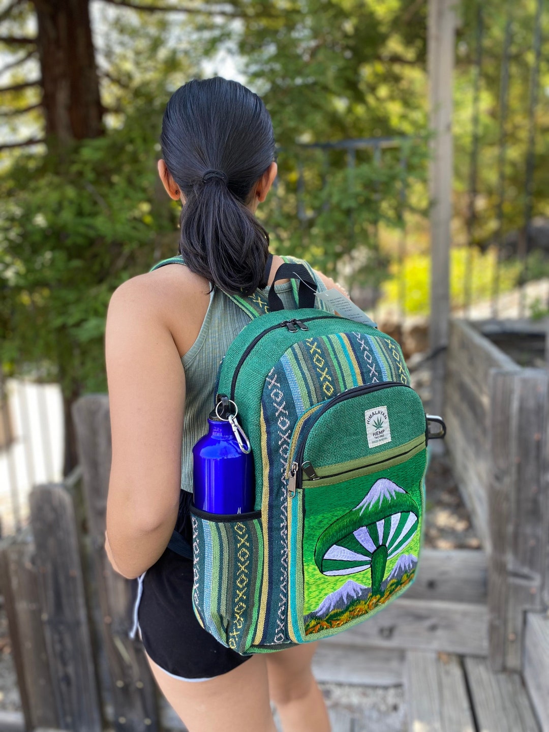 Green Himalayan Hemp Backpack: Mushroom Embroidery, Laptop Pocket - Etsy